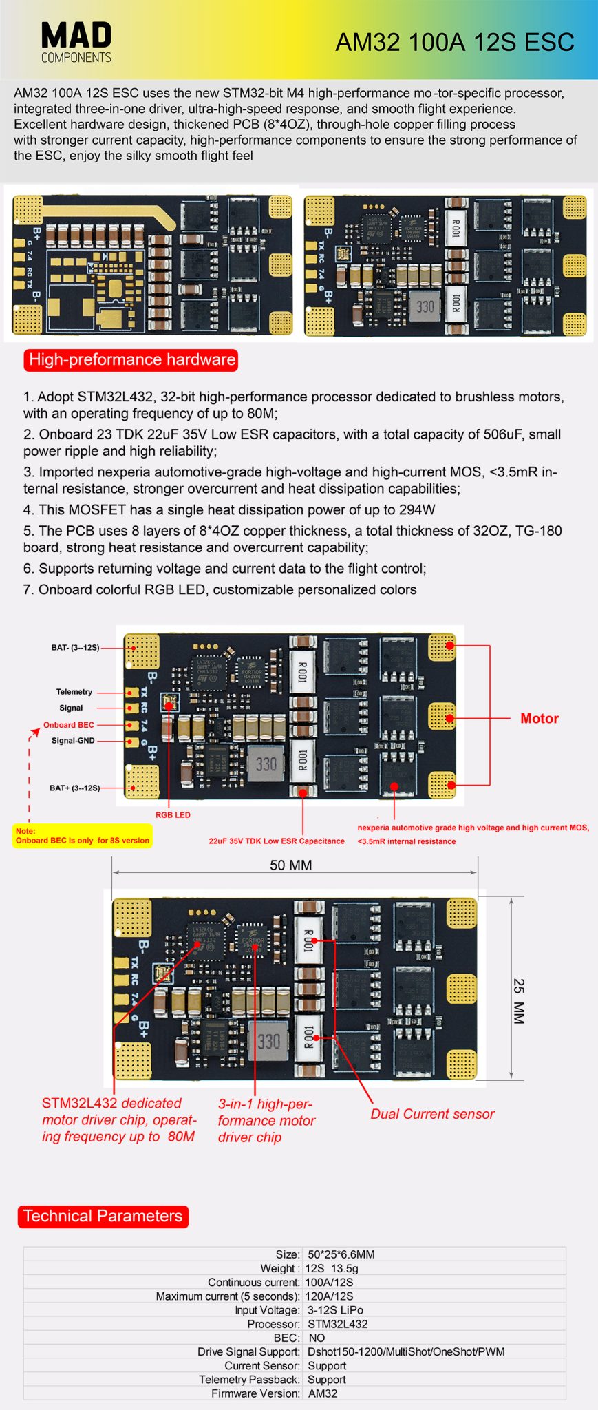 MAD AM32 100A 12S ESC High-Speed Response Electronic Speed Control for ...