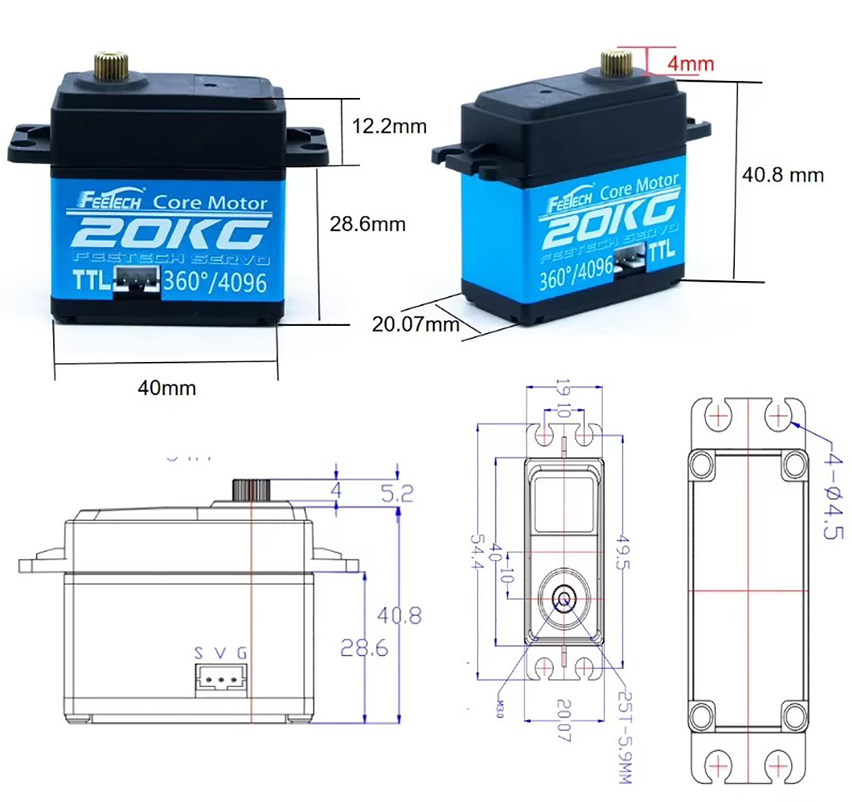 Feetech STS20 7.4V 20kg Copper Gear 360 Degree Magnetic Encoder Serial ...