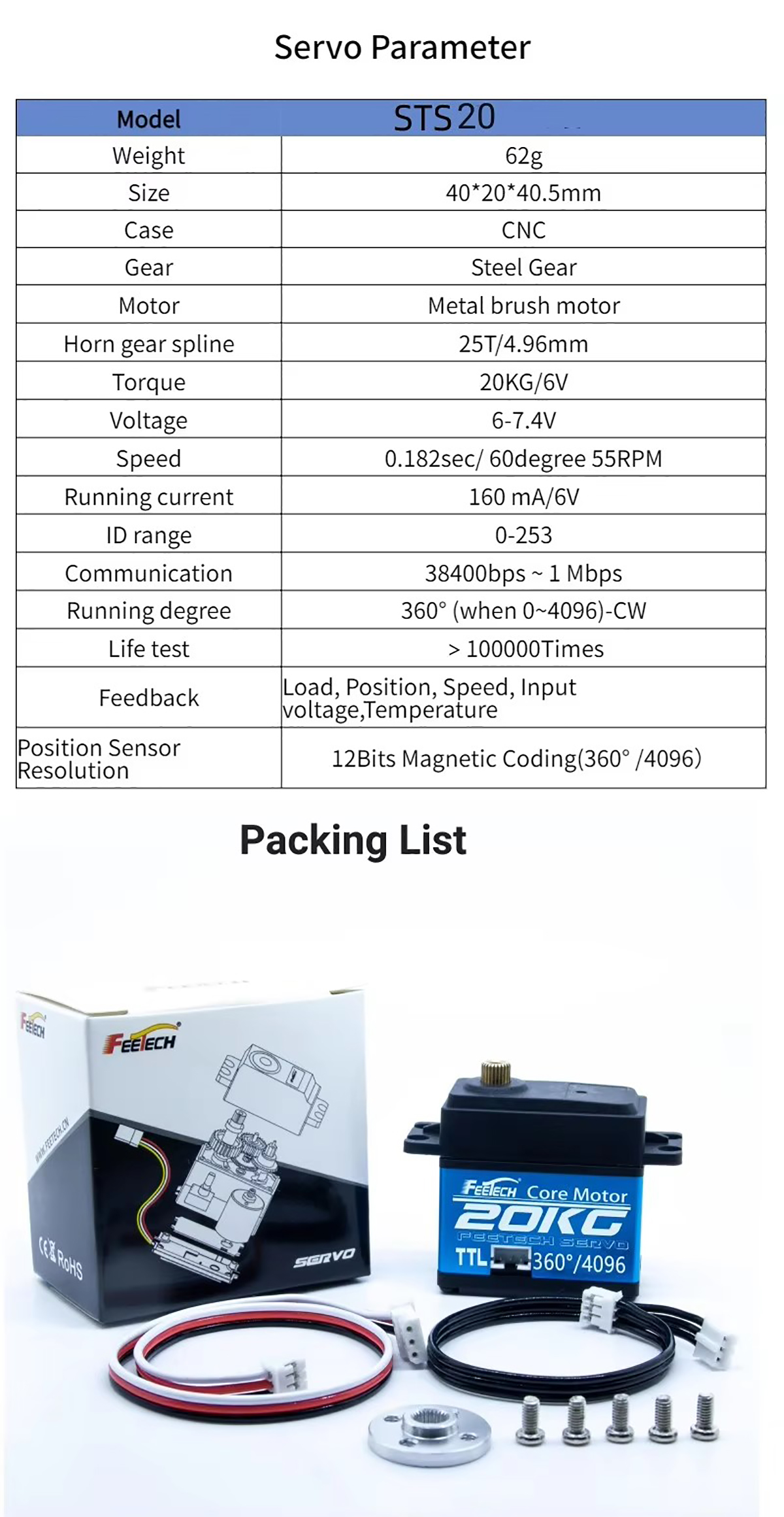 Feetech STS20 7.4V 20kg Copper Gear 360 Degree Magnetic Encoder Serial ...