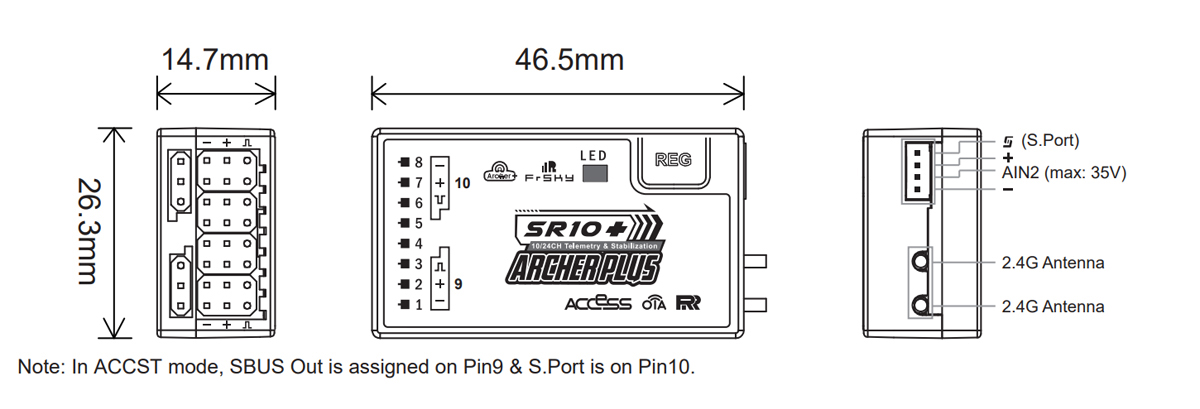 FrSky Archer Plus SR10+ Receiver 10 Channel 3-Axis Gyro Accelerometer ...