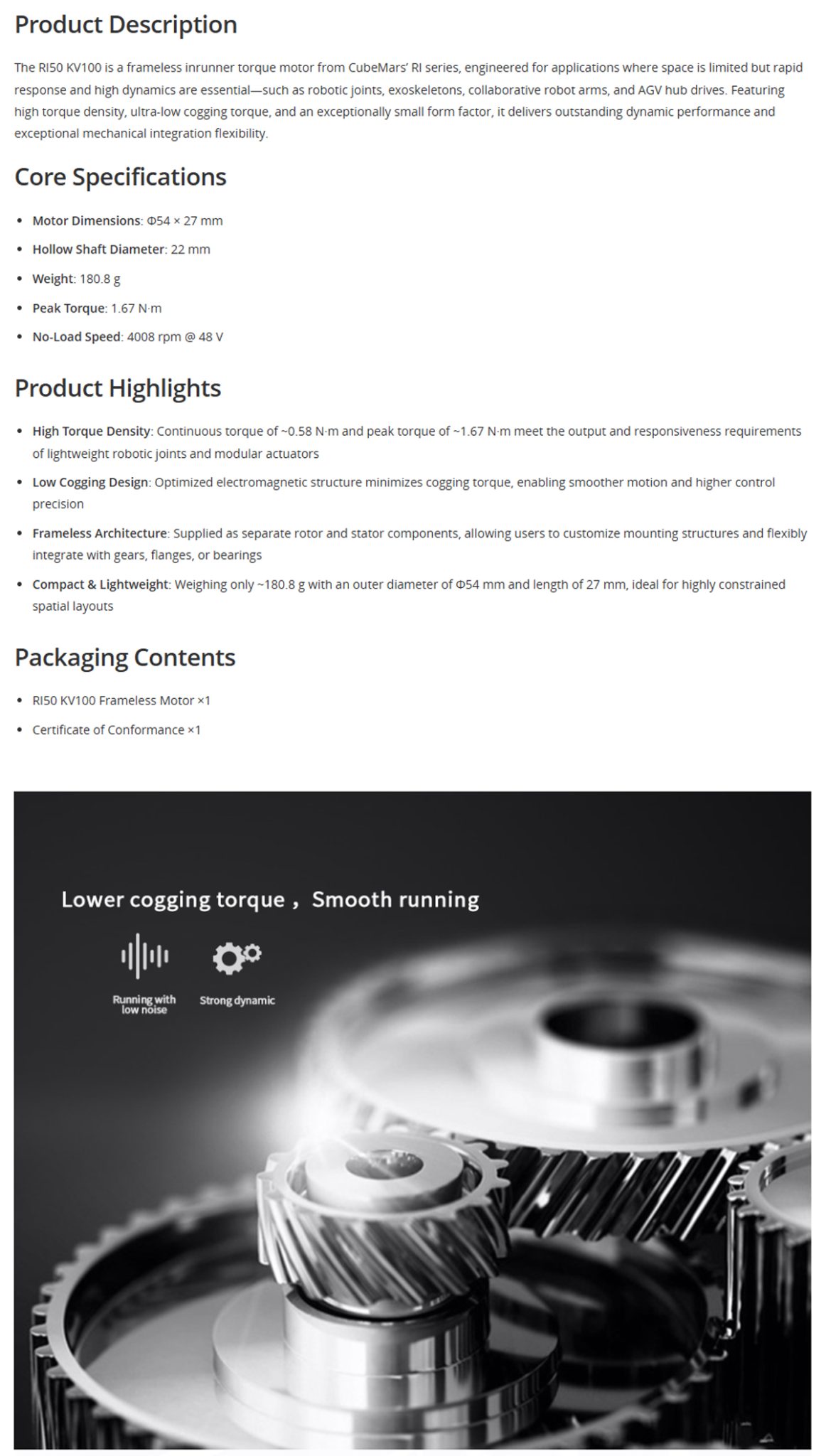 CubeMars RI50 KV100 Frameless Motor Low Cogging Torque Compact for ...