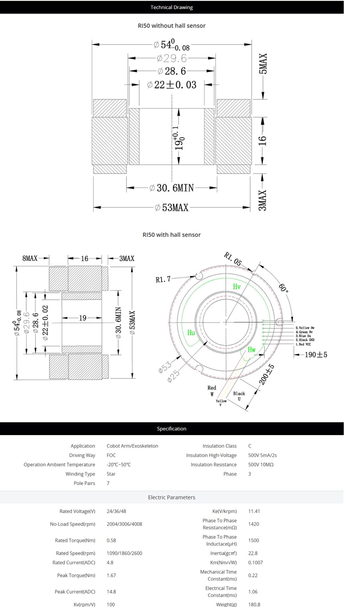 CubeMars RI50 KV100 Frameless Motor Low Cogging Torque Compact for ...