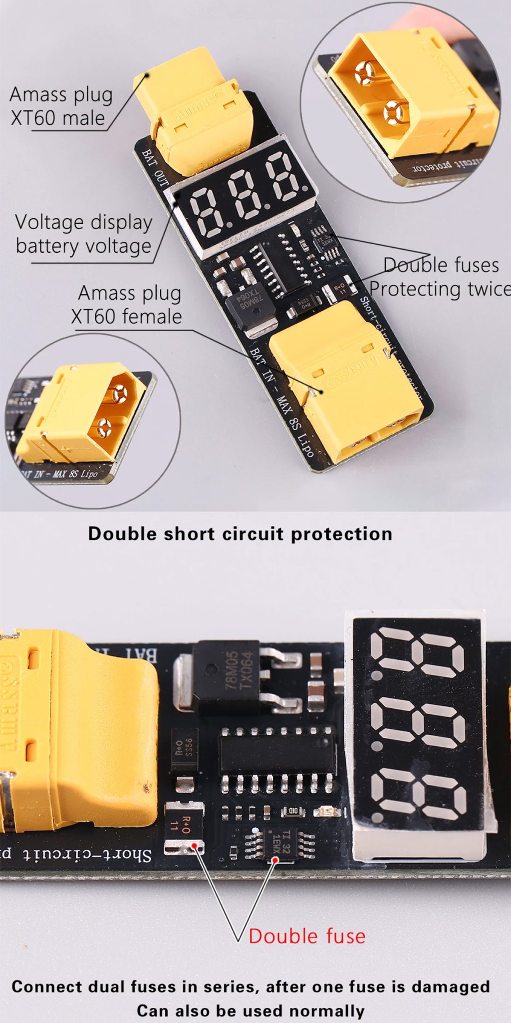 Anti Short Circuit Module XT60 Plug Dual Fuse Smart Voltage Detection ...